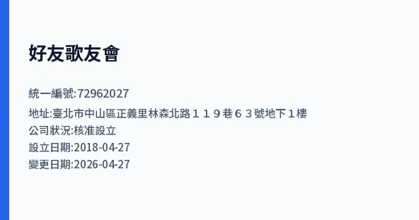 好友歌友會的照片-統編 72962027(臺北市) 公司登記資料與營業項目詳細圖表
