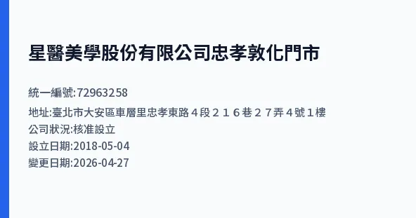 星醫美學股份有限公司忠孝敦化門市的照片-統編 72963258(臺北市) 公司登記資料與營業項目詳細圖表