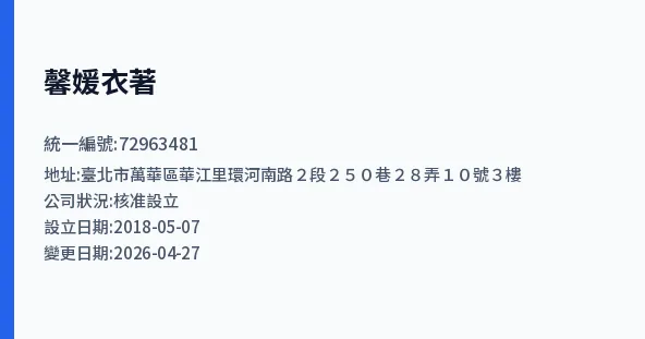 馨媛衣著的照片-統編 72963481(臺北市) 公司登記資料與營業項目詳細圖表