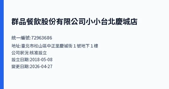 群品餐飲股份有限公司小小台北慶城店的照片-統編 72963686(臺北市) 公司登記資料與營業項目詳細圖表