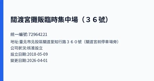 關渡宮攤販臨時集中場(36號)的照片-統編 72964221(臺北市) 公司登記資料與營業項目詳細圖表