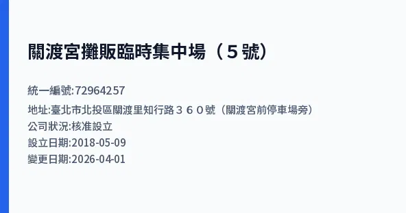 關渡宮攤販臨時集中場(5號)的照片-統編 72964257(臺北市) 公司登記資料與營業項目詳細圖表