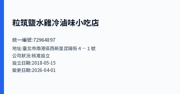 粒筑鹽水雞冷滷味小吃店的照片-統編 72964897(臺北市) 公司登記資料與營業項目詳細圖表