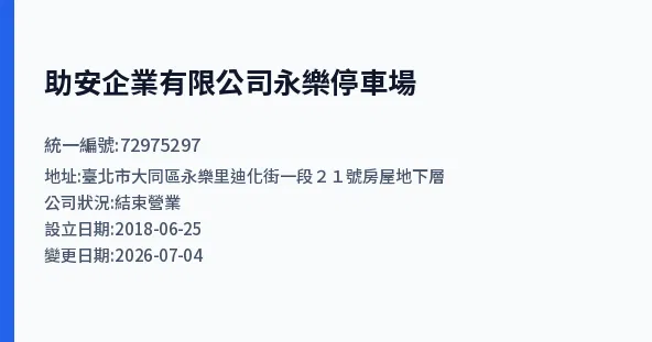 助安企業有限公司永樂停車場的照片-統編 72975297(臺北市) 公司登記資料與營業項目詳細圖表