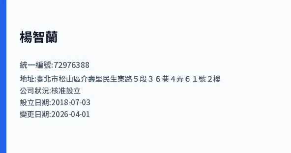 楊智蘭的照片-統編 72976388(臺北市) 公司登記資料與營業項目詳細圖表