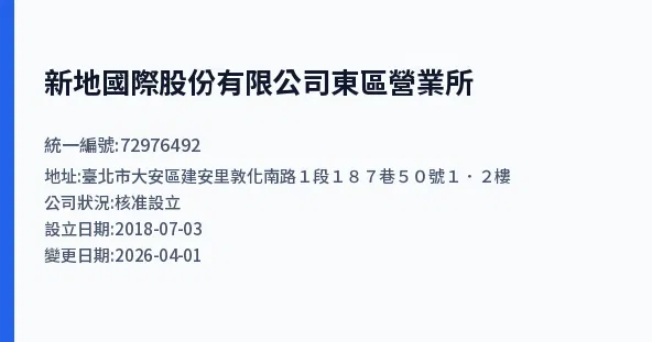 新地國際股份有限公司東區營業所的照片-統編 72976492(臺北市) 公司登記資料與營業項目詳細圖表