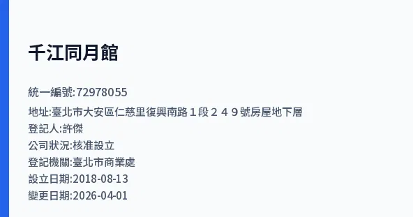 千江同月館的照片-統編 72978055(臺北市) 公司登記資料與營業項目詳細圖表
