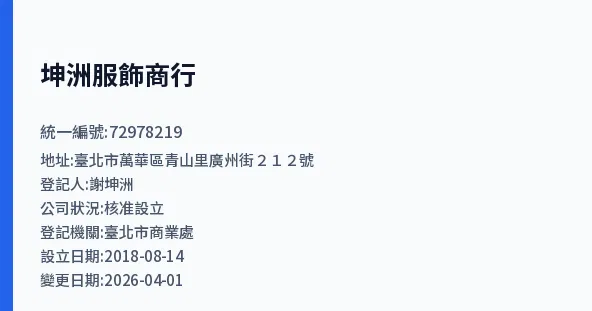 坤洲服飾商行的照片-統編 72978219(臺北市) 公司登記資料與營業項目詳細圖表
