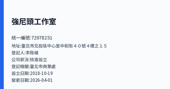 強尼頭工作室的照片-統編 72978251(臺北市) 公司登記資料與營業項目詳細圖表