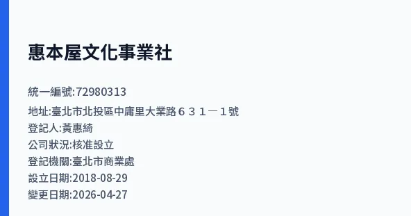 惠本屋文化事業社的照片-統編 72980313(臺北市) 公司登記資料與營業項目詳細圖表