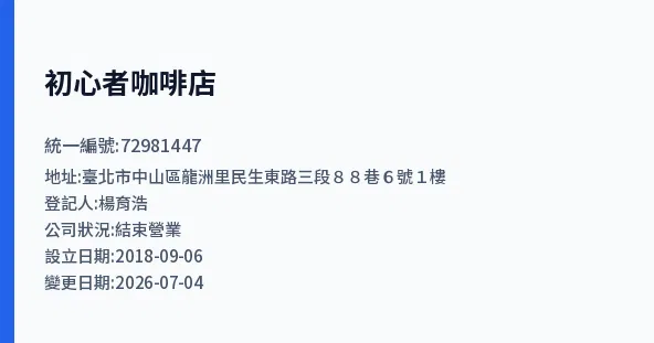 初心者咖啡店的照片-統編 72981447(臺北市) 公司登記資料與營業項目詳細圖表