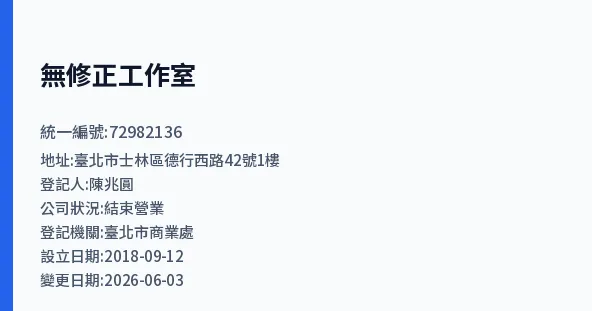 無修正工作室的照片-統編 72982136(臺北市) 公司登記資料與營業項目詳細圖表
