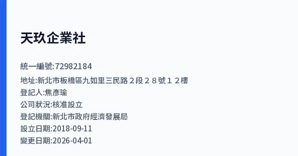 天玖企業社的照片-統編 72982184(新北市) 公司登記資料與營業項目詳細圖表