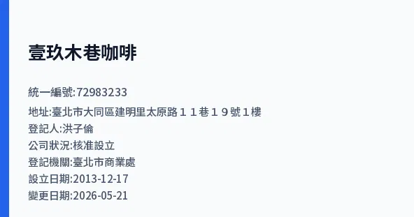 壹玖木巷咖啡的照片-統編 72983233(臺北市) 公司登記資料與營業項目詳細圖表
