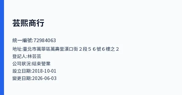 芸熙商行的照片-統編 72984063(臺北市) 公司登記資料與營業項目詳細圖表