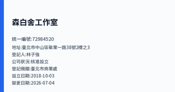 森白舍工作室的照片-統編 72984520(臺北市) 公司登記資料與營業項目詳細圖表