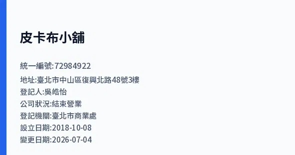 皮卡布小舖的照片-統編 72984922(臺北市) 公司登記資料與營業項目詳細圖表