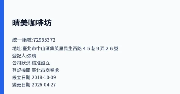 晴美咖啡坊的照片-統編 72985372(臺北市) 公司登記資料與營業項目詳細圖表