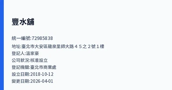豐水舖的照片-統編 72985838(臺北市) 公司登記資料與營業項目詳細圖表