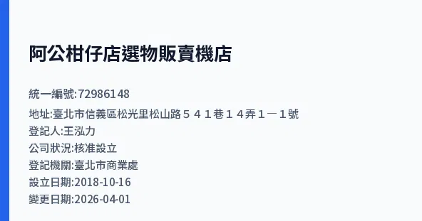 阿公柑仔店選物販賣機店的照片-統編 72986148(臺北市) 公司登記資料與營業項目詳細圖表