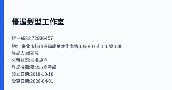 優渥髮型工作室的照片-統編 72986457(臺北市) 公司登記資料與營業項目詳細圖表