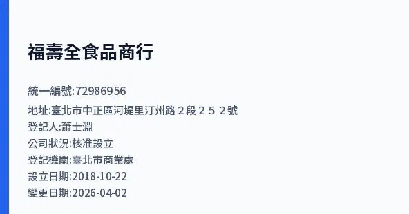福壽全食品商行的照片-統編 72986956(臺北市) 公司登記資料與營業項目詳細圖表