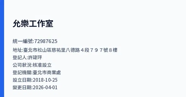 允樂工作室的照片-統編 72987625(臺北市) 公司登記資料與營業項目詳細圖表