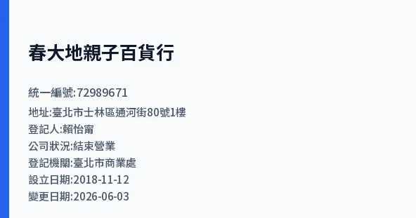 春大地親子百貨行的照片-統編 72989671(臺北市) 公司登記資料與營業項目詳細圖表