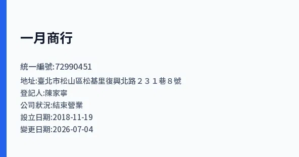 一月商行的照片-統編 72990451(臺北市) 公司登記資料與營業項目詳細圖表