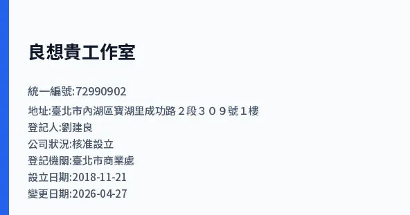 良想貴工作室的照片-統編 72990902(臺北市) 公司登記資料與營業項目詳細圖表