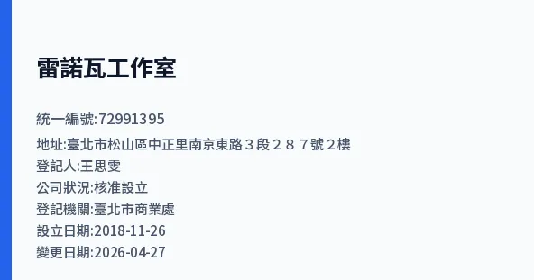 雷諾瓦工作室的照片-統編 72991395(臺北市) 公司登記資料與營業項目詳細圖表