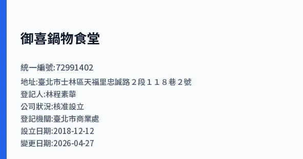 御喜鍋物食堂的照片-統編 72991402(臺北市) 公司登記資料與營業項目詳細圖表