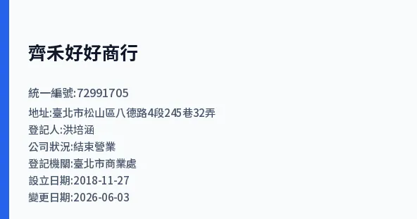 齊禾好好商行的照片-統編 72991705(臺北市) 公司登記資料與營業項目詳細圖表