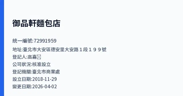 御品軒麵包店的照片-統編 72991959(臺北市) 公司登記資料與營業項目詳細圖表