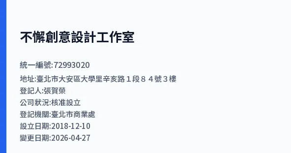 不懈創意設計工作室的照片-統編 72993020(臺北市) 公司登記資料與營業項目詳細圖表