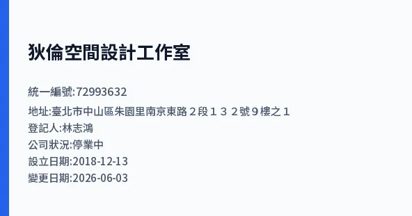 狄倫空間設計工作室的照片-統編 72993632(臺北市) 公司登記資料與營業項目詳細圖表