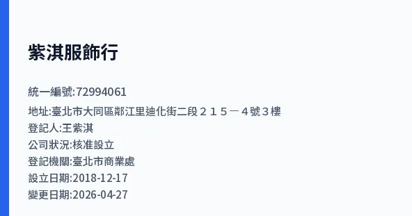 紫淇服飾行的照片-統編 72994061(臺北市) 公司登記資料與營業項目詳細圖表