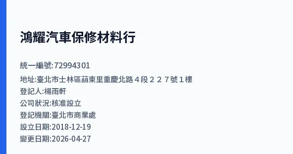 鴻耀汽車保修材料行的照片-統編 72994301(臺北市) 公司登記資料與營業項目詳細圖表