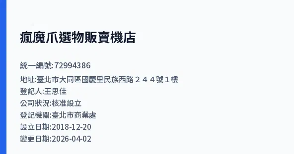 瘋魔爪選物販賣機店的照片-統編 72994386(臺北市) 公司登記資料與營業項目詳細圖表