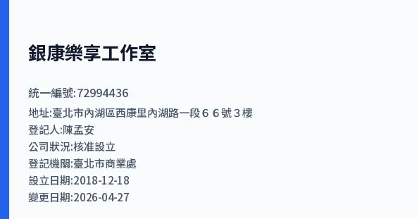 銀康樂享工作室的照片-統編 72994436(臺北市) 公司登記資料與營業項目詳細圖表