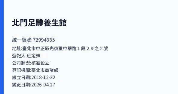 北門足體養生館的照片-統編 72994885(臺北市) 公司登記資料與營業項目詳細圖表