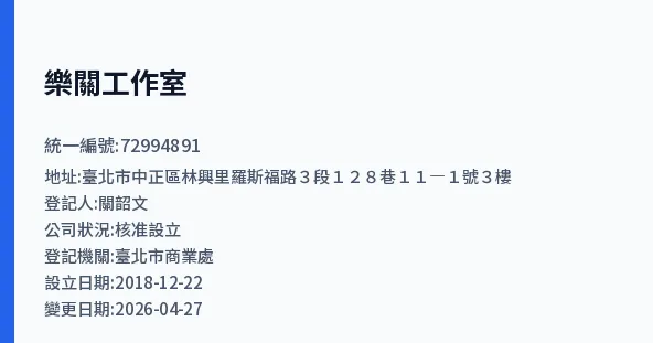 樂關工作室的照片-統編 72994891(臺北市) 公司登記資料與營業項目詳細圖表