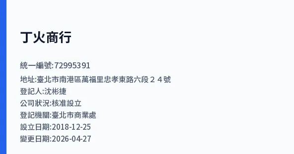 丁火商行的照片-統編 72995391(臺北市) 公司登記資料與營業項目詳細圖表