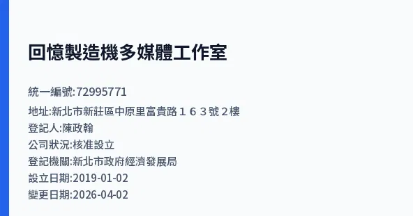 回憶製造機多媒體工作室的照片-統編 72995771(新北市) 公司登記資料與營業項目詳細圖表