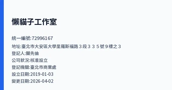 懶貓子工作室的照片-統編 72996167(臺北市) 公司登記資料與營業項目詳細圖表