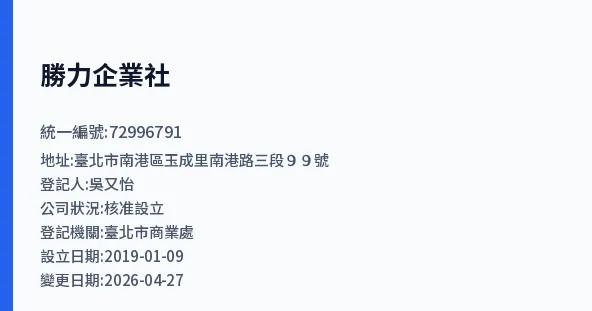勝力企業社的照片-統編 72996791(臺北市) 公司登記資料與營業項目詳細圖表
