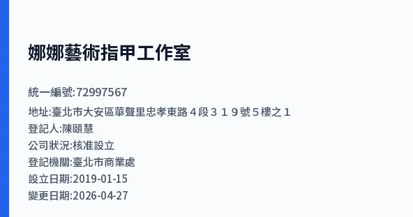 娜娜藝術指甲工作室的照片-統編 72997567(臺北市) 公司登記資料與營業項目詳細圖表