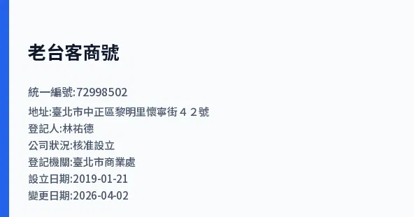 老台客商號的照片-統編 72998502(臺北市) 公司登記資料與營業項目詳細圖表