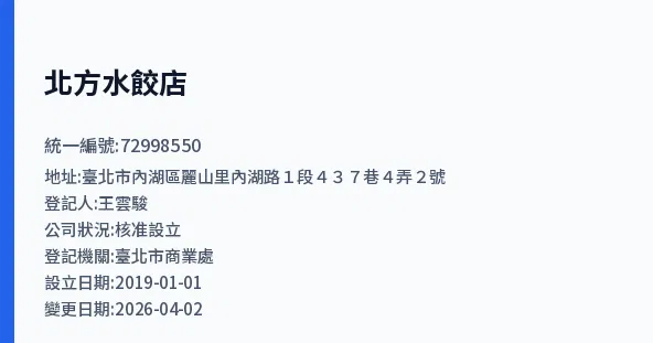 北方水餃店的照片-統編 72998550(臺北市) 公司登記資料與營業項目詳細圖表