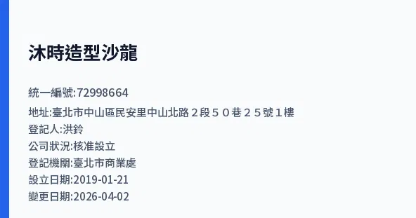 沐時造型沙龍的照片-統編 72998664(臺北市) 公司登記資料與營業項目詳細圖表